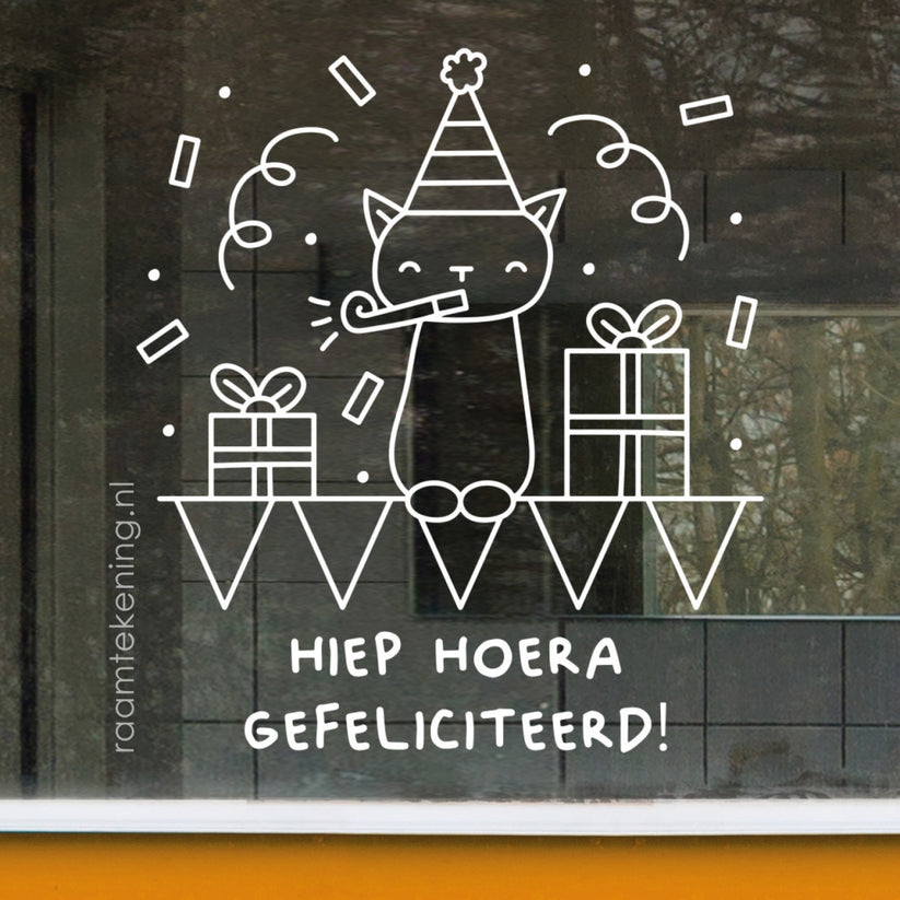 Hiep hoera verjaardag kitten raamtekening